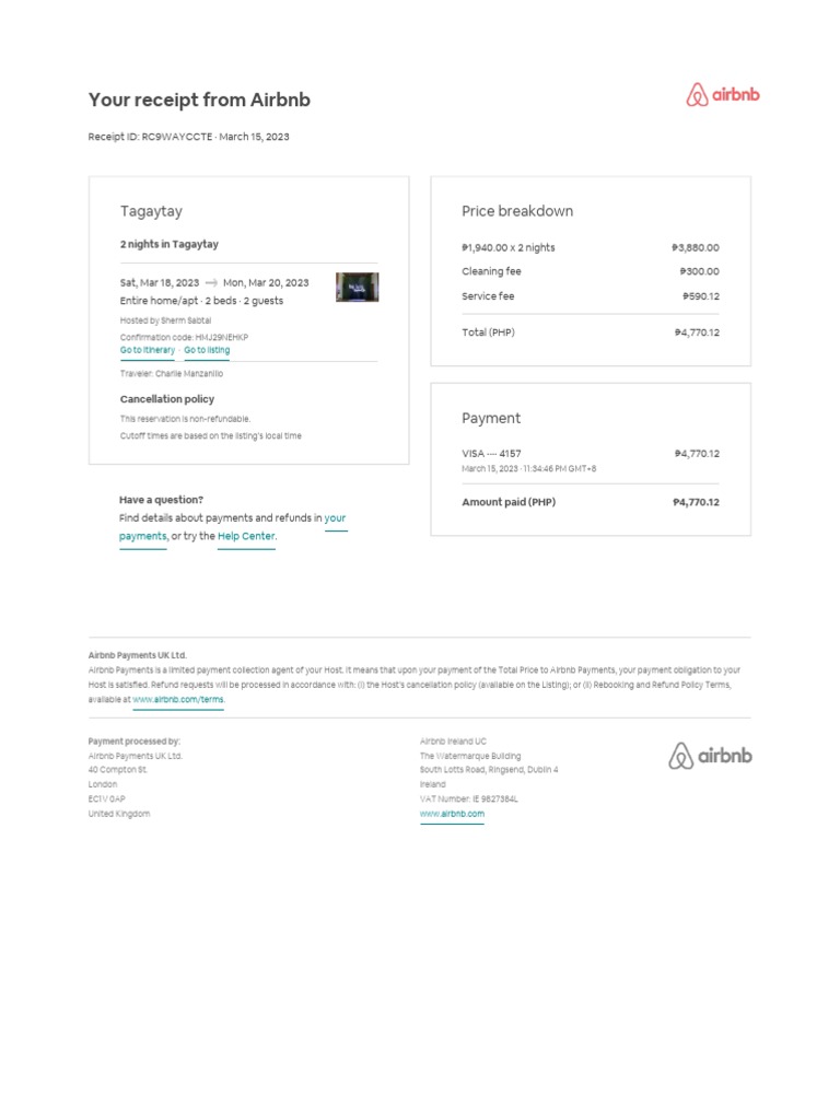 Airbnb Travel Receipt RC9WAYCCTE | PDF | Airbnb | Trade