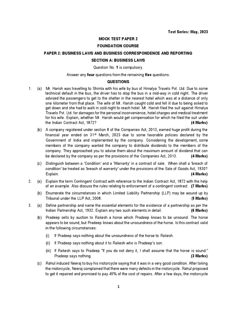 Test Series: May, 2023 Mock Test Paper 2 Foundation Course Paper 2 ...