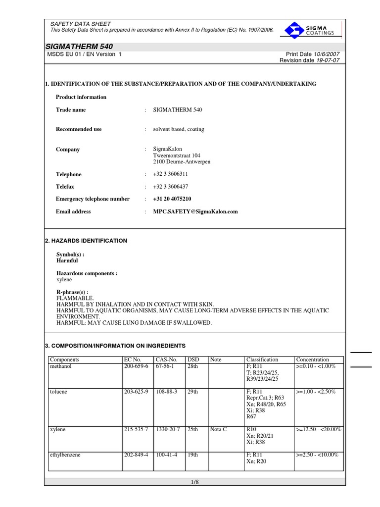 SIGMATHERM 540 Safety Data Sheet | PDF | Environmental Science | Pollution