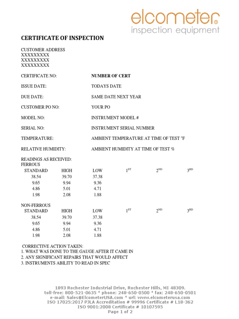 Long Form Certificate of Accuracy For Elcometer 456 Probe | PDF ...