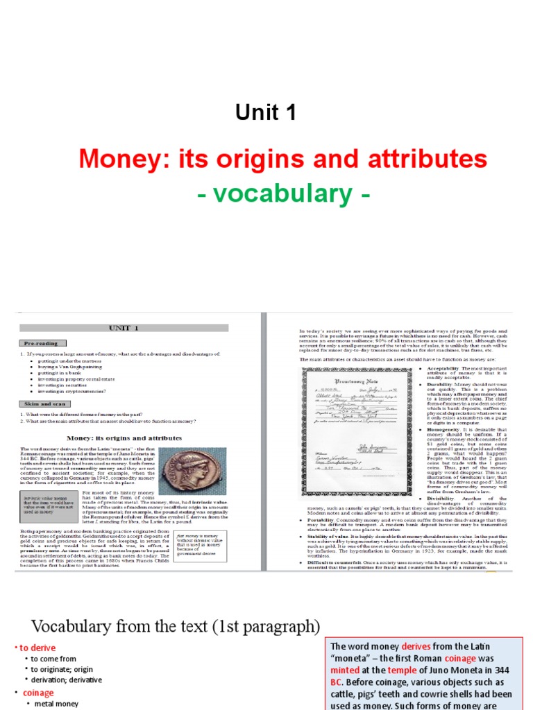 UNIT 1 - Money Its Origins and Attributes - VOCABULARY | PDF | Money ...