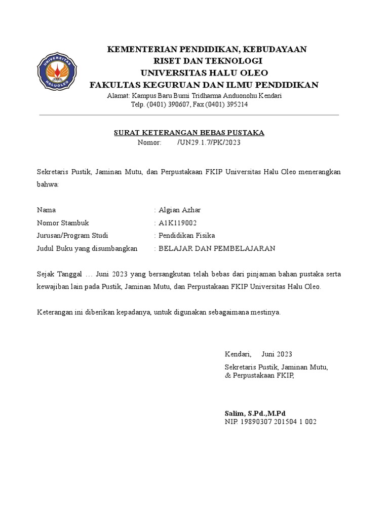 Surat Bebas Pustaka FKIP | PDF