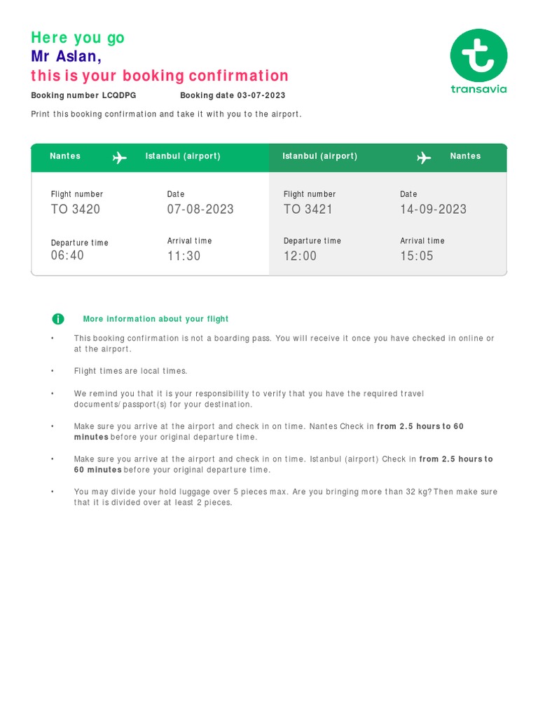 Transavia Booking Confirmation Details | PDF | Fee | Airport
