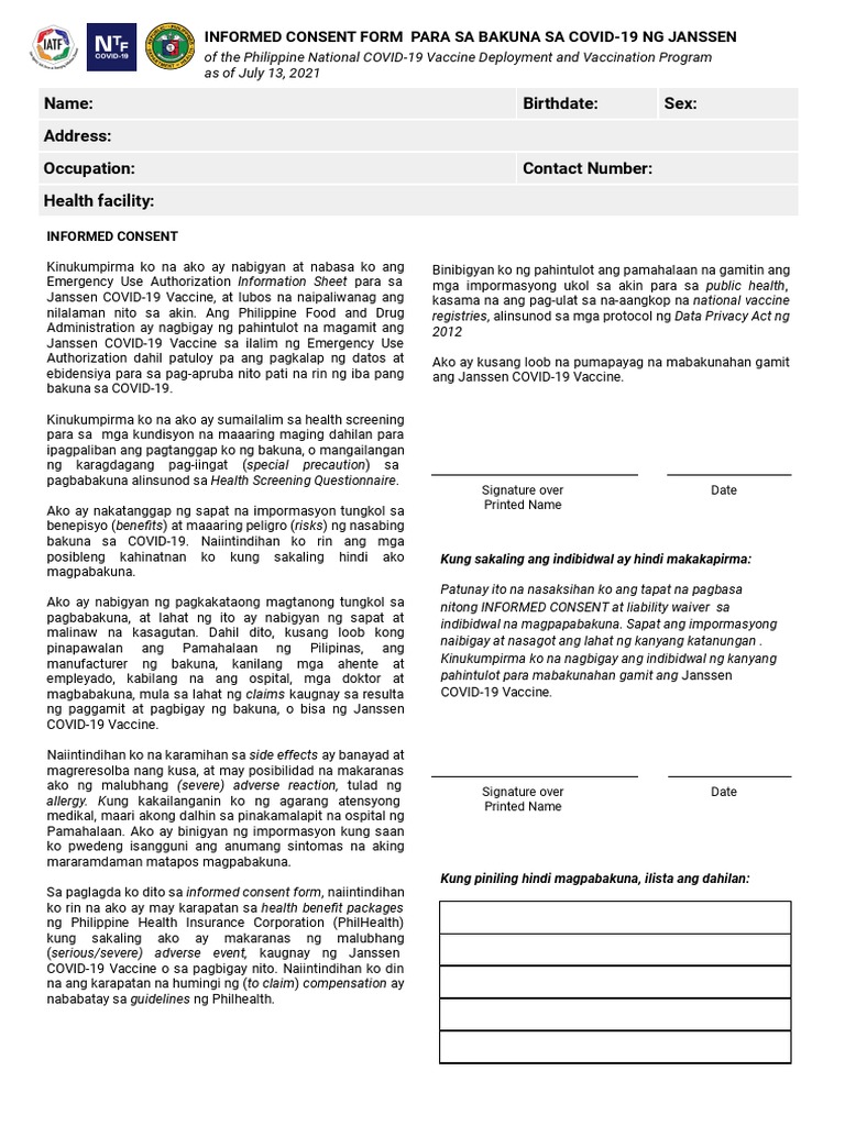 Janssen (Informed Consent Form) Fil - July 13 2021 | PDF