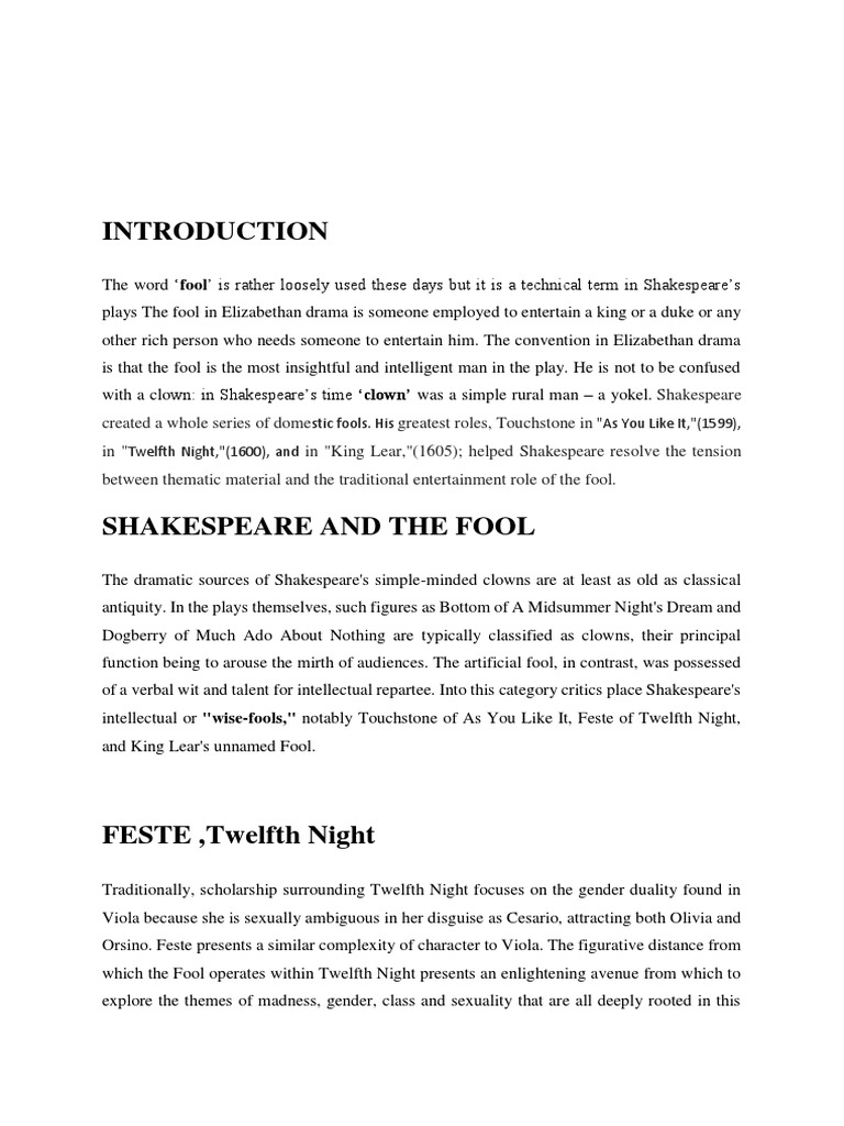 Shakespearean Fool With Special Focus On Twelfth Night Cc4 1 | PDF ...