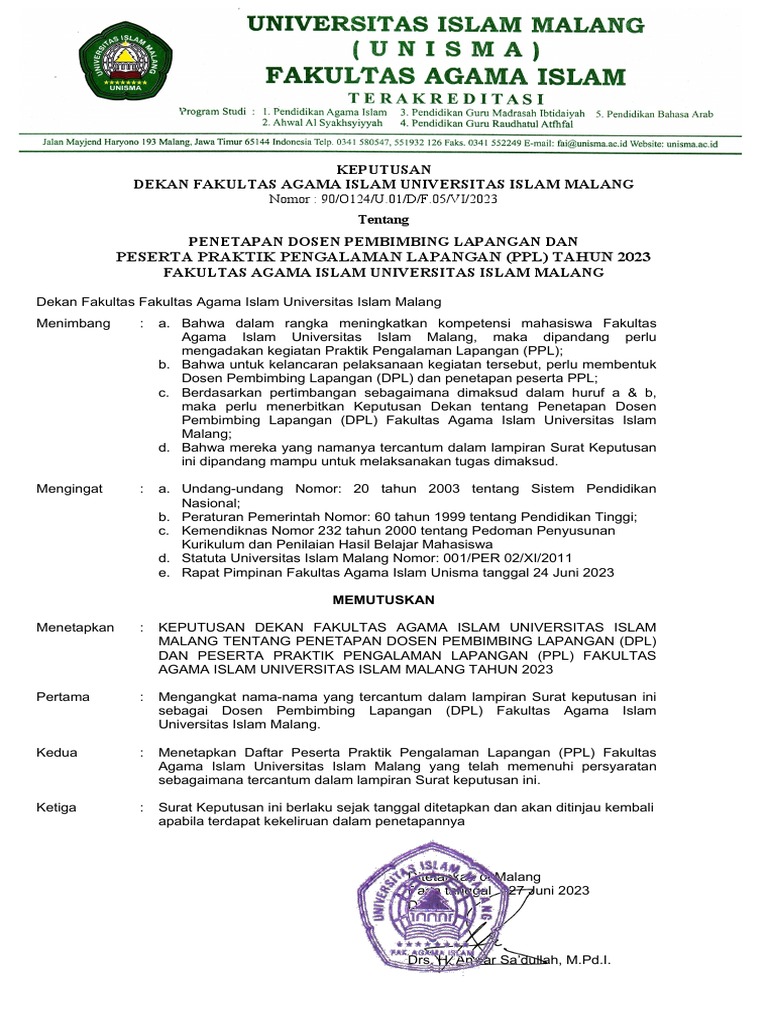 SK DPL Dan Mahasiswa PPL FAI UNISMA FIX | PDF