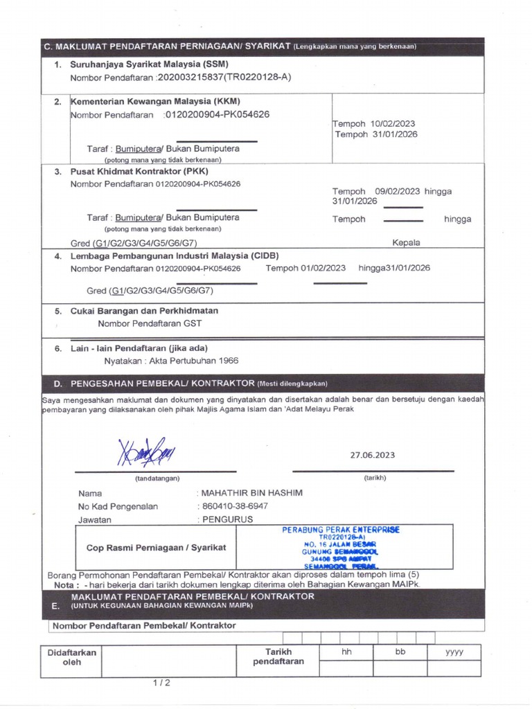 Borang Pendaftaran Kontraktor Maip 1 | PDF