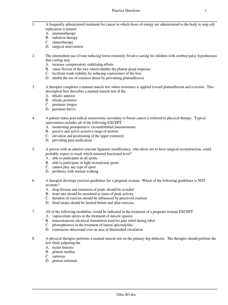 Physical Therapy Practice Questions | PDF | Anatomical Terms Of Motion | Physical Therapy