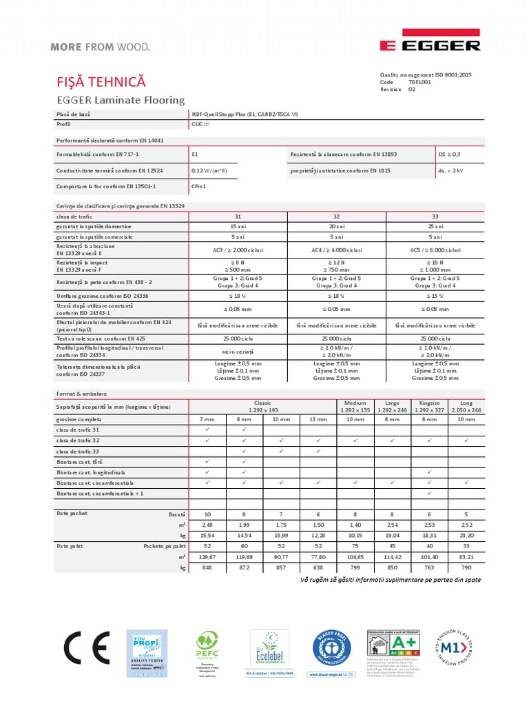 Fisa Tehnica Parchet Laminat Egger Grosimi 31 32 33 | PDF