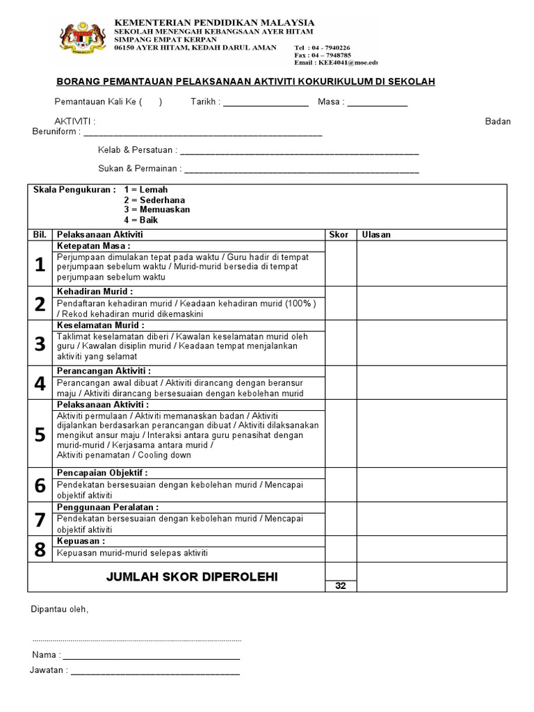 Contoh Borang-Pemantauan-Pelaksanaan-Aktiviti-Kokurikulum-Di-Sekolah | PDF