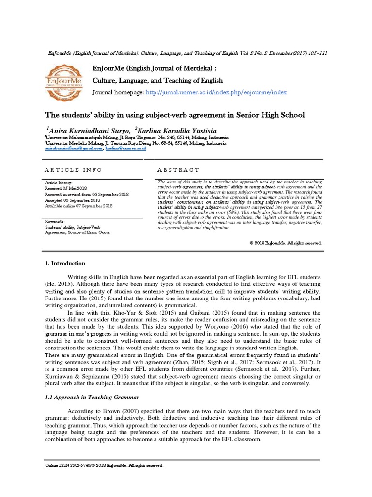 The Students Ability in Using Subject-Verb Agreem | PDF | Second ...