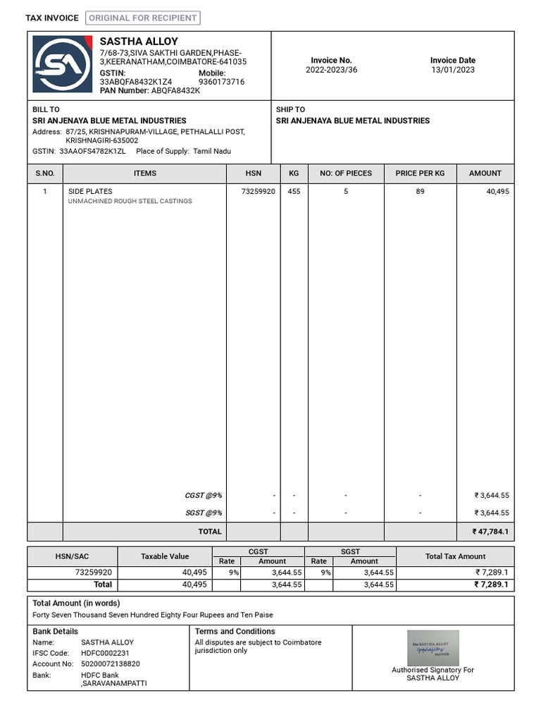 Sastha Alloy: Invoice No. Invoice Date | PDF | Taxation | Economies