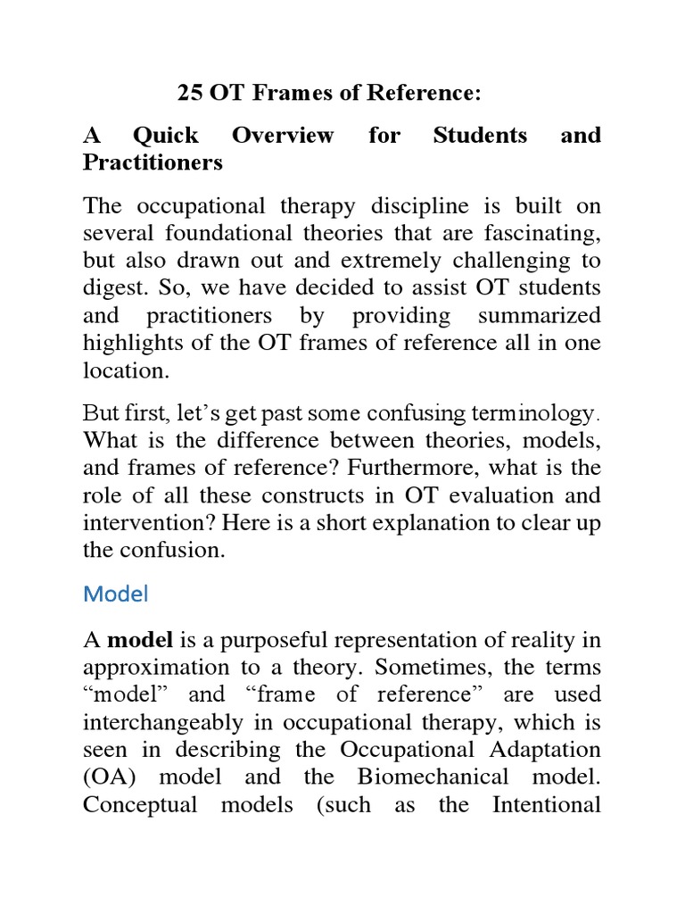 25 OT Frames of Reference in Brief - Ram, AP | PDF | Occupational Therapy | Psychotherapy