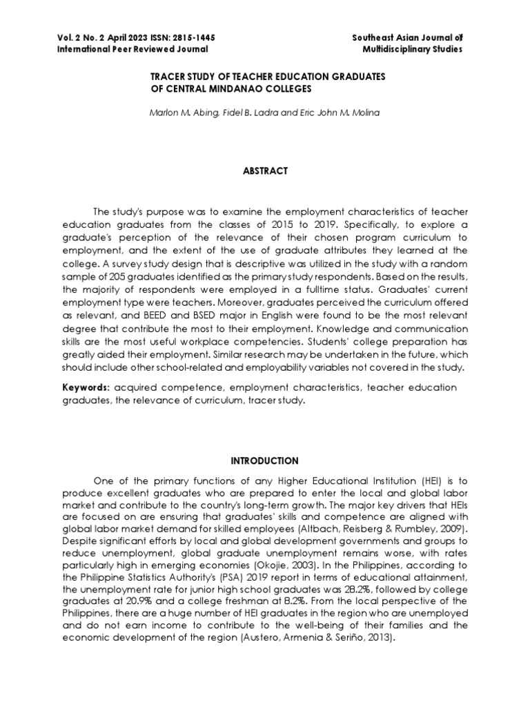 Tracer Study of Teacher Education Graduates | PDF | Labour Economics ...