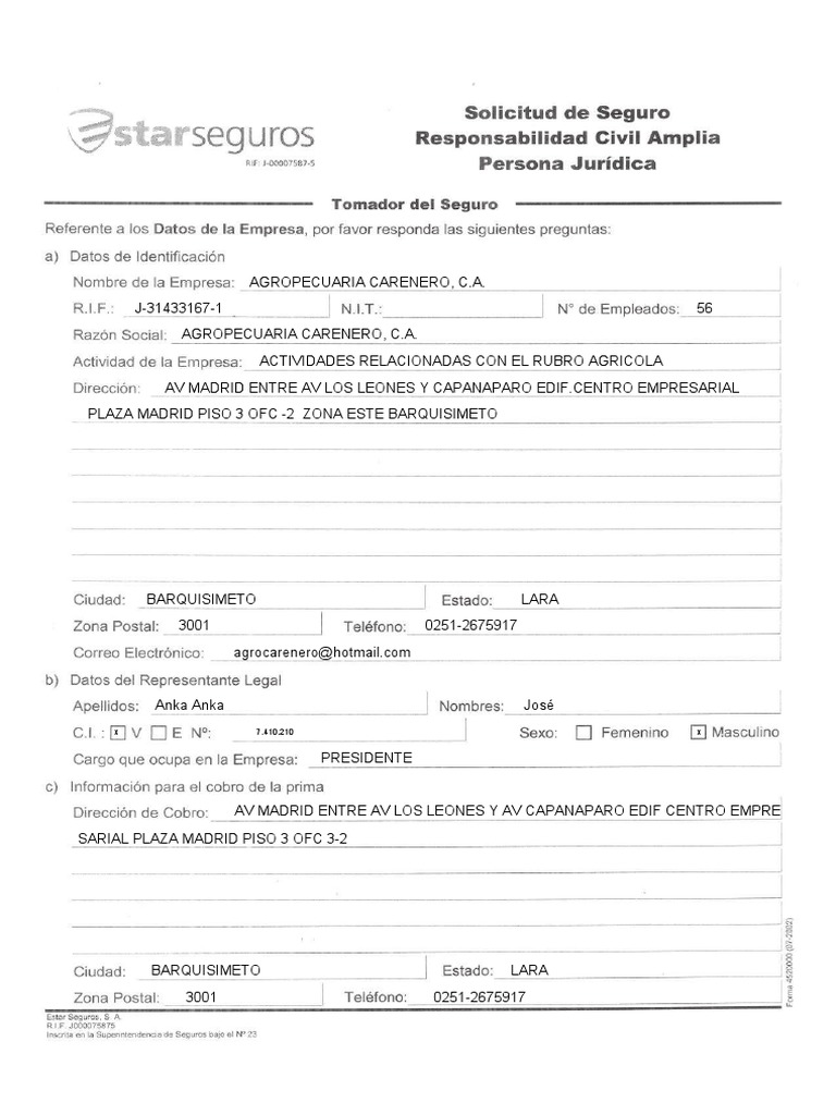 Solicitud de Seguro de Responsabilidad Civil General | PDF