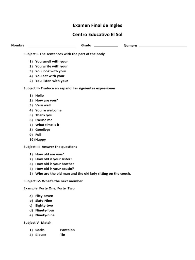 Final English Exam for El Sol Students | PDF