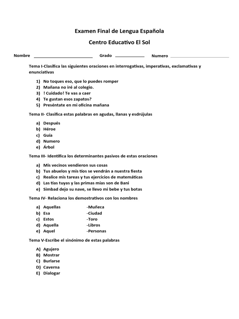 Examen Final de Lengua Española 3° grado | PDF | Lingüística