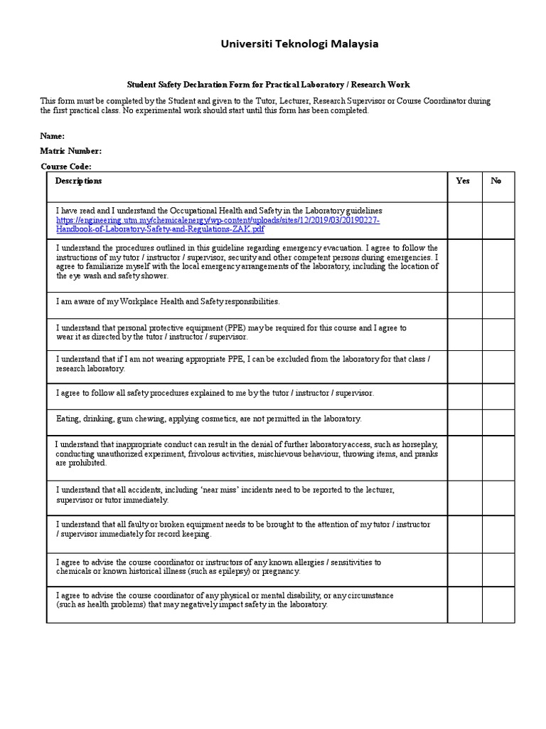 UTM Lab Safety Declaration Form | PDF | Laboratories | Occupational ...