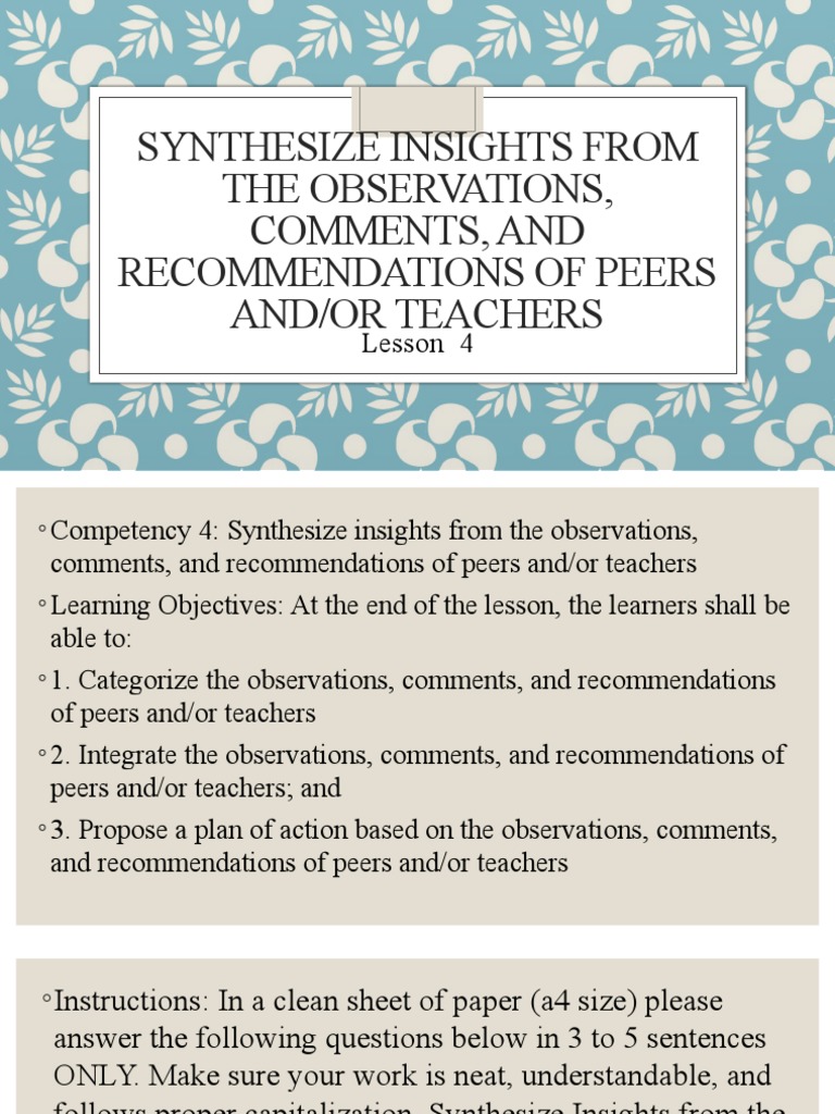 LESSON 4 Synthesize Insights From The Observations Comments | PDF ...