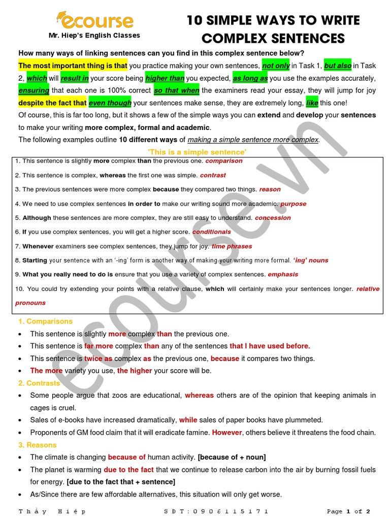10 Simple Ways To Write Complex Sentences | PDF | Sentence (Linguistics)