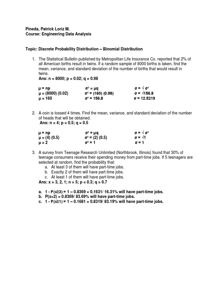 Assignment in Binomial Distribution PINEDA PLM (ATTEMPT 2) | PDF | Standard Deviation | Variance