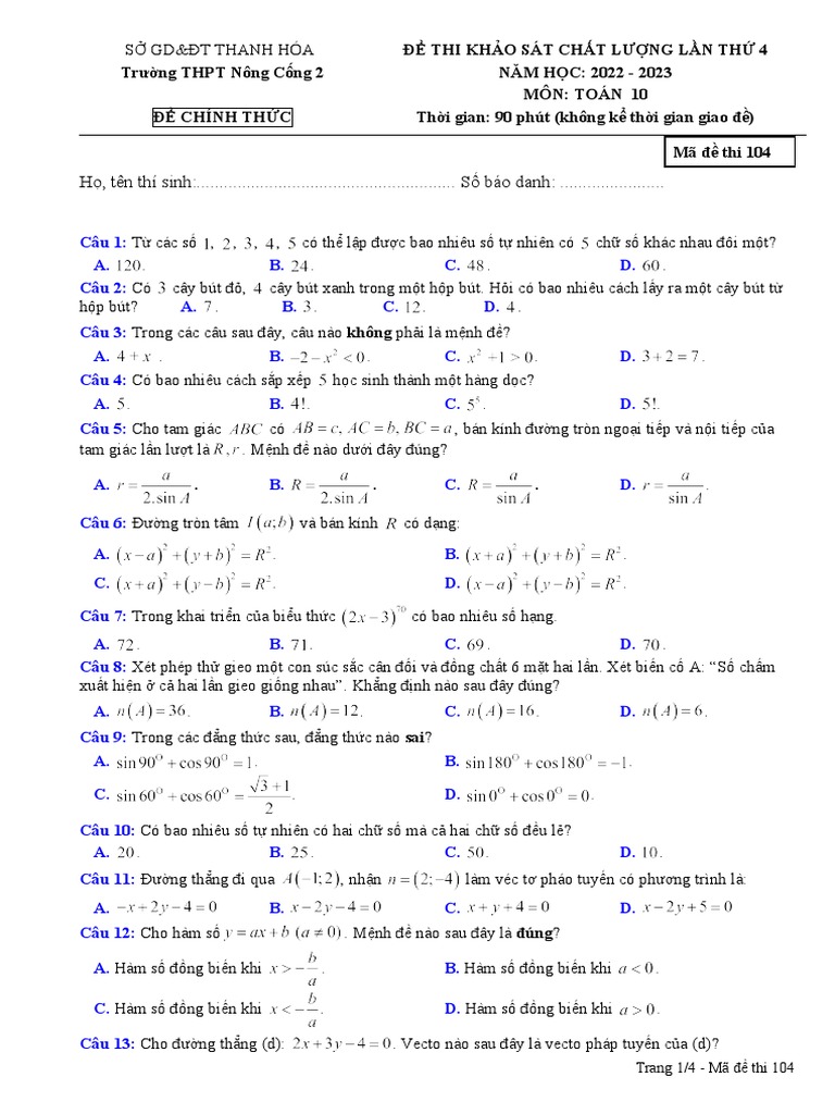 Toan10 Lan 4 - T10L4 - 104 | PDF