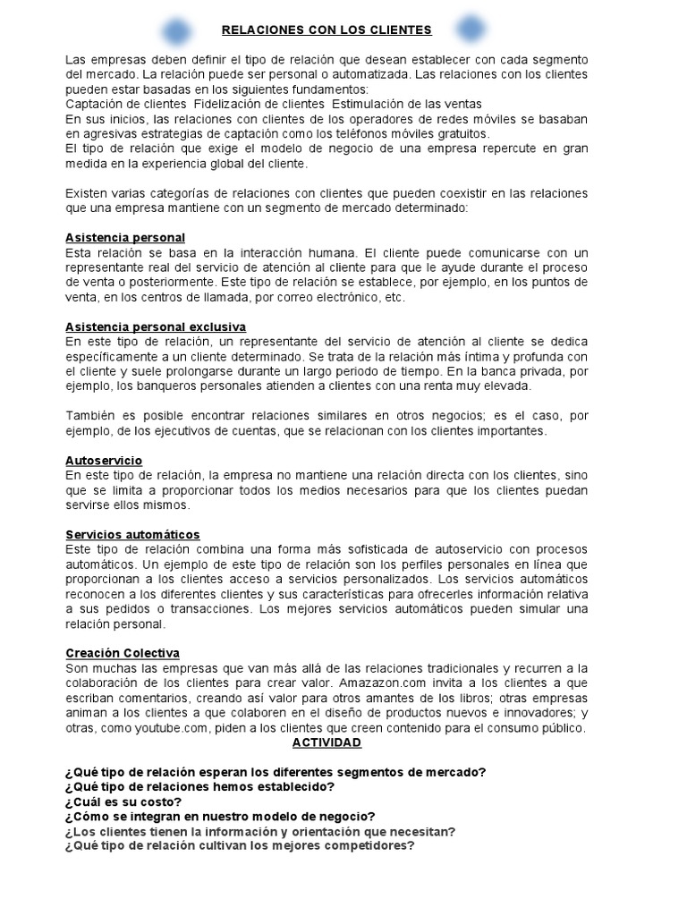Tipos de Relaciones con Clientes | PDF | Business | Modelo de negocio