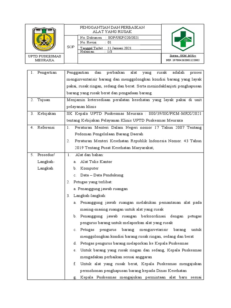 SOP Penggantian Dan Perbaikan Alat Yang Rusak | PDF