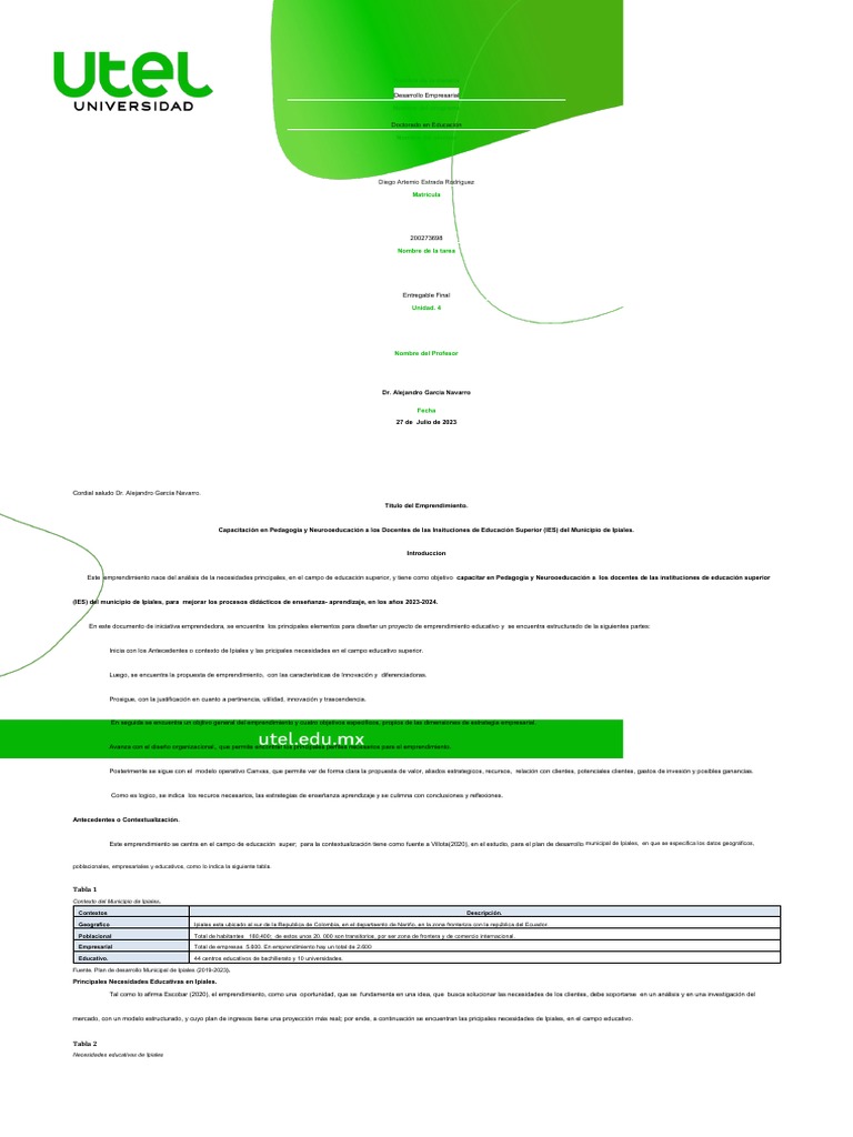 Entregable Final - Desarrollo Empresarial | PDF | Enseñando | Iniciativa empresarial