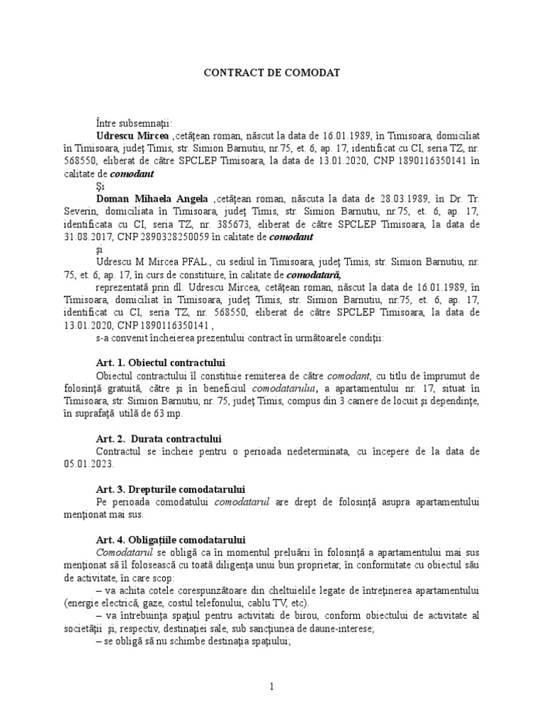 Contract de Comodat PFA | PDF