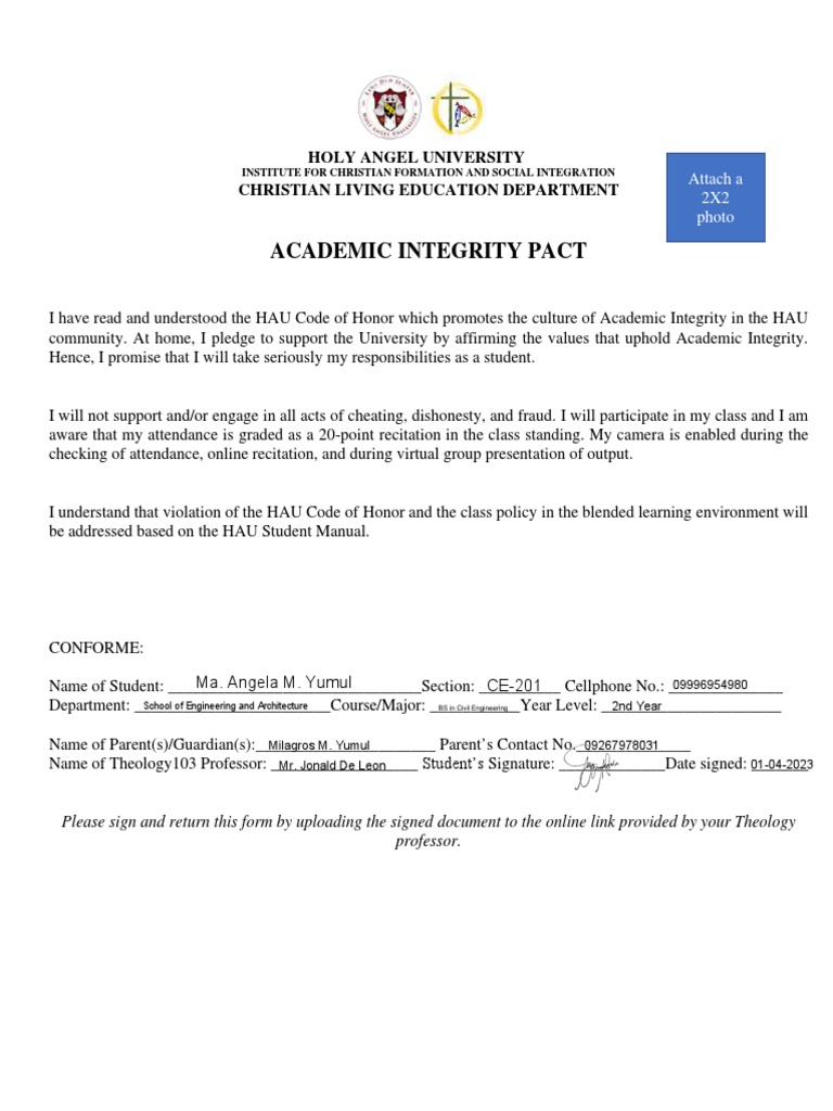 Academic Integrity Pact - Theo103 | PDF | Academic Integrity