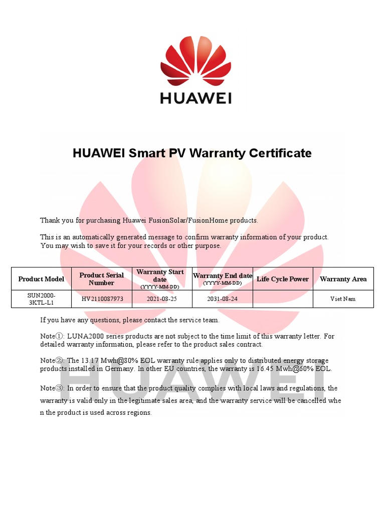 Huawei PV Inverter Warranty Certificat1689162133411-Halte PGC | PDF ...