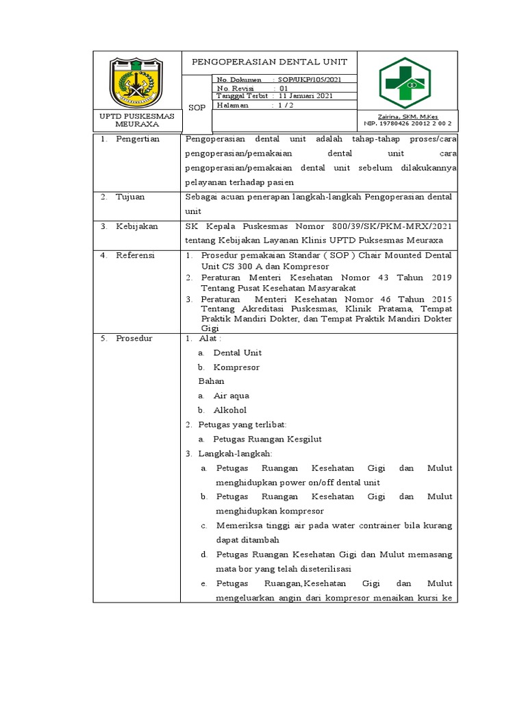 SOP Pengoperasian Dental Unit | PDF