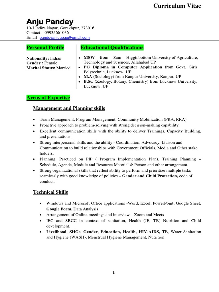 Curriculum Vitae Anju Pandey H | PDF | Wash | Sanitation
