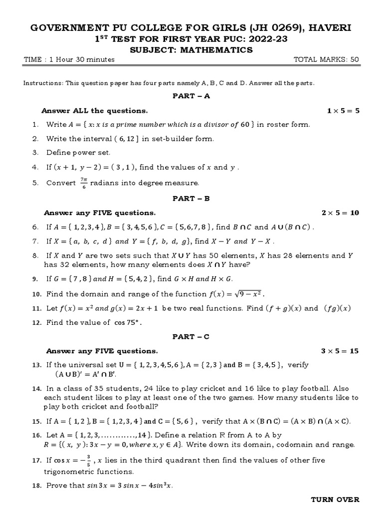 1st Pu Test QP Maths | PDF | Function (Mathematics) | Functions And ...