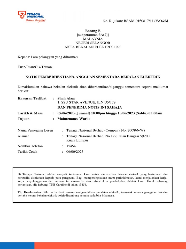 Notis TNB Shutdown | PDF | Electricity | Electric Power