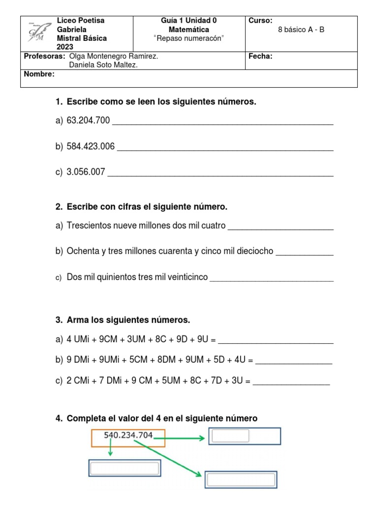 Escribe Como Se Leen Los Siguientes Números.: "Repaso Numeracón" 8 ...