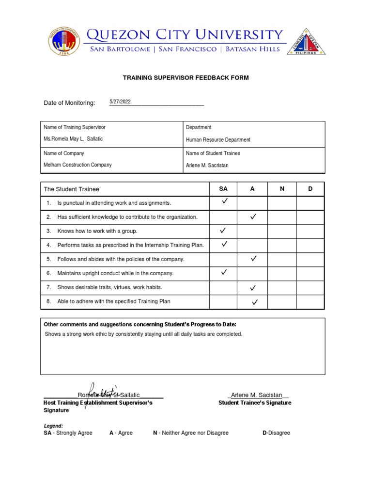 Training Supervisor Feedback Form | PDF