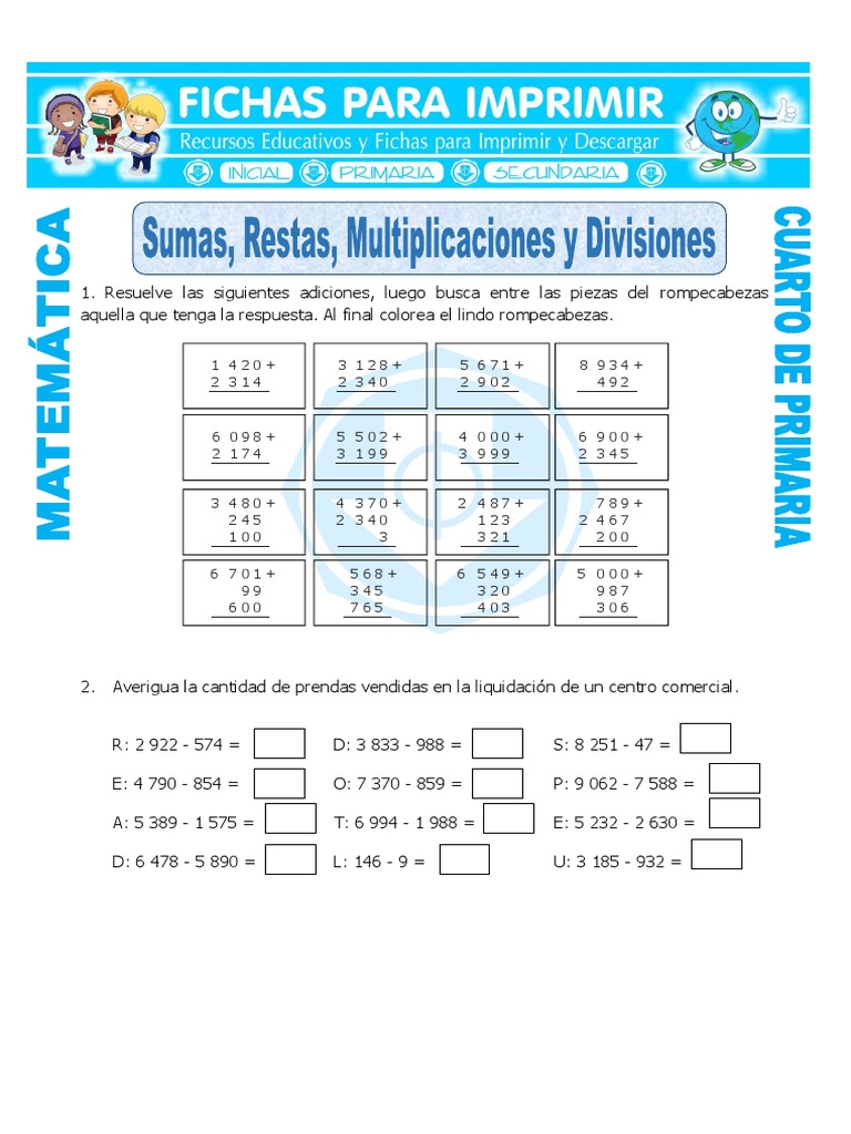 Ficha Sumas Restas Multiplicaciones y Divisiones para Cuarto de ...