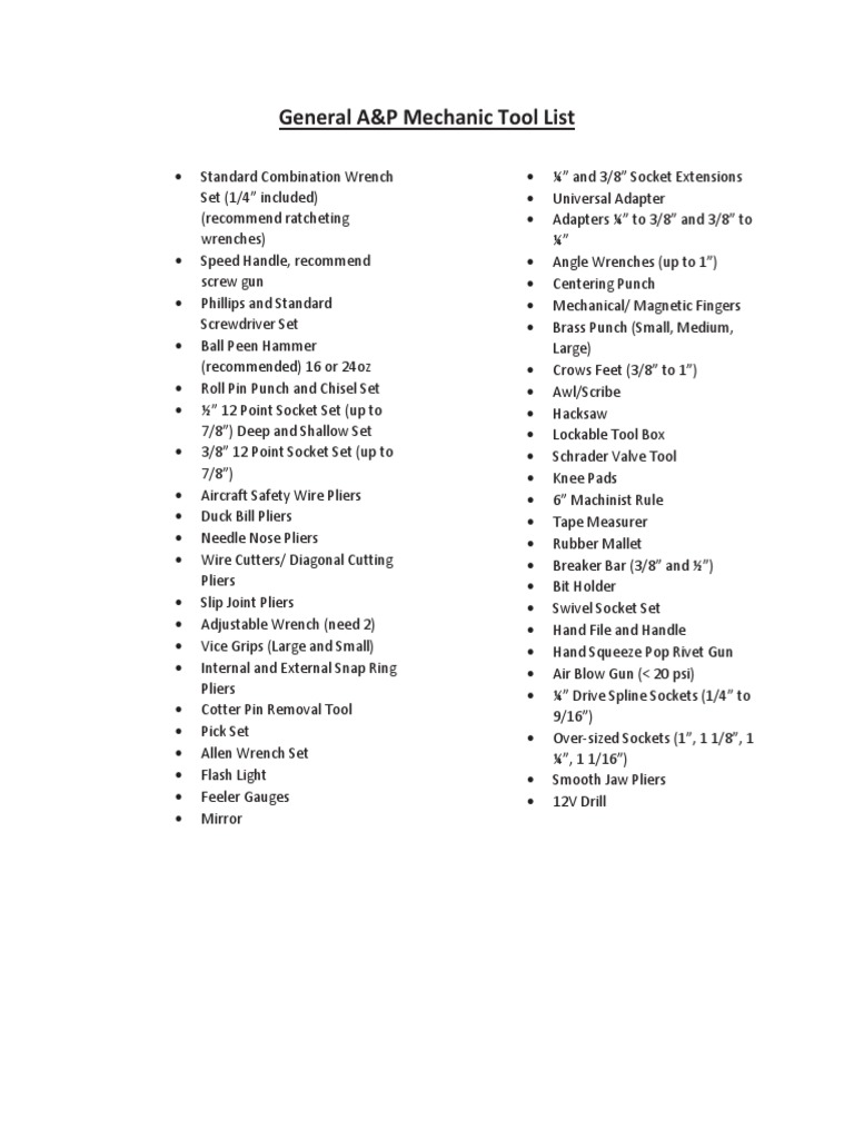 General A&P Mechanic Tool List | PDF | Teaching Methods & Materials ...