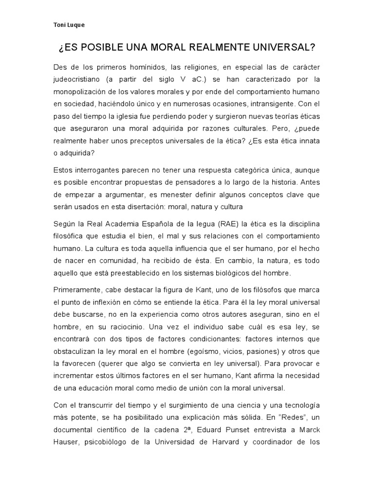 Ensayo. Es Posible Una Moral Universal | Descargar gratis PDF | Moralidad | Immanuel Kant