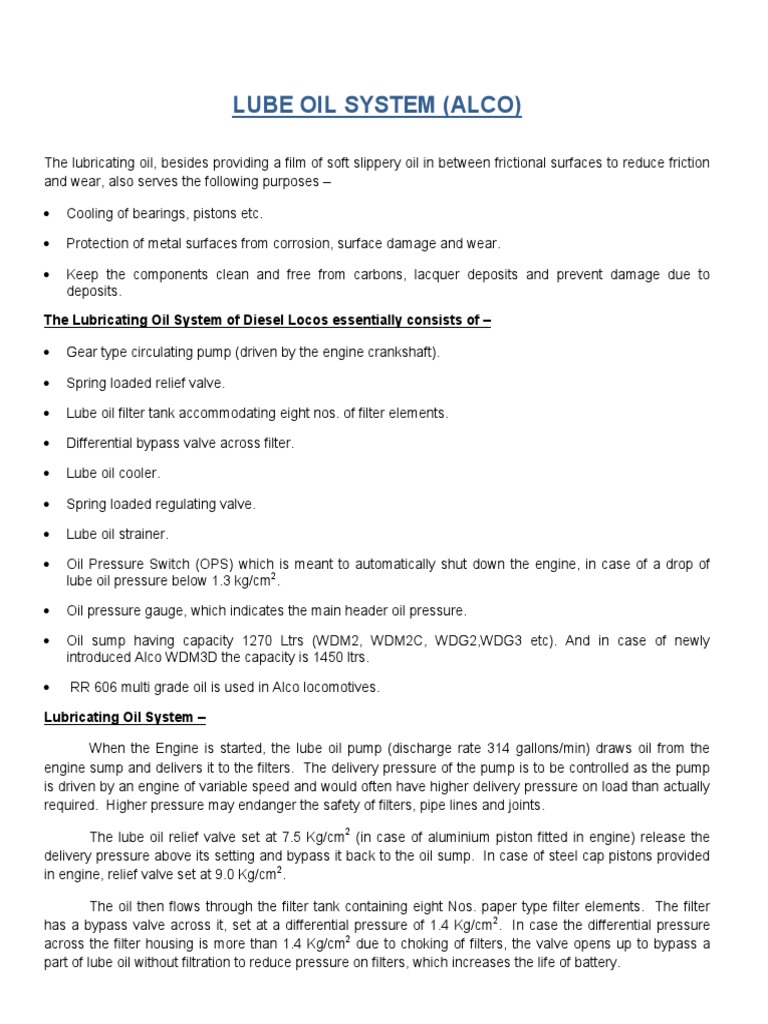 Alco Lube Oil System Overview | PDF | Piston | Lubricant