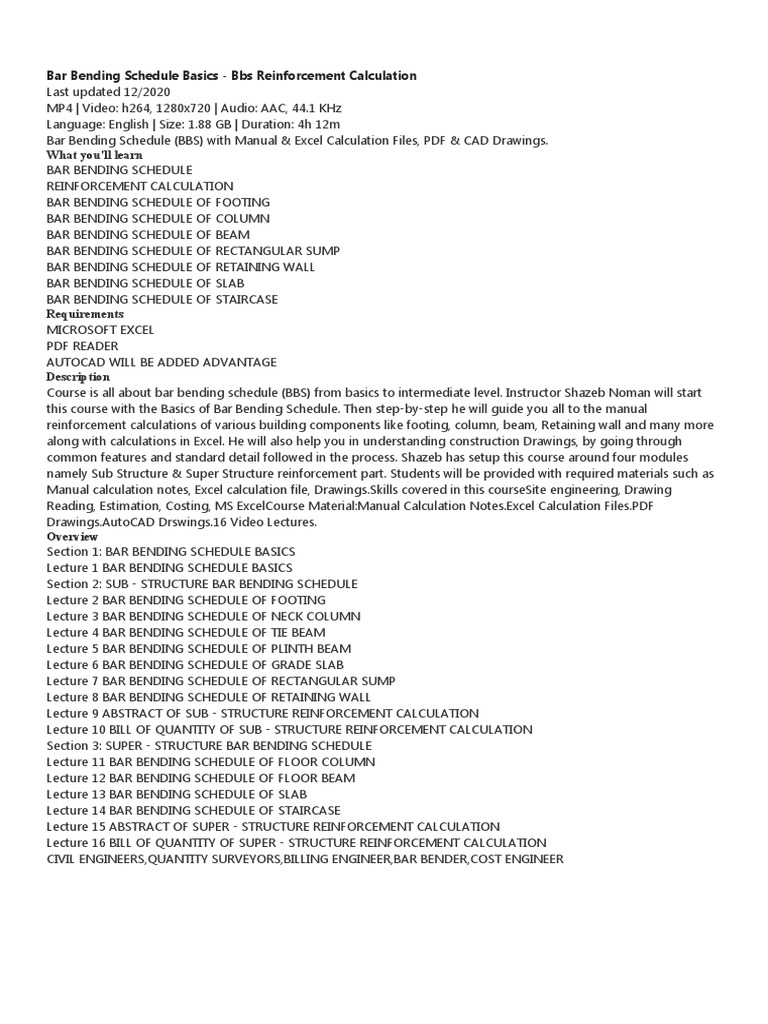 Bar Bending Schedule Basics - Bbs Reinforcement Calculation | PDF | Microsoft Excel | Beam ...