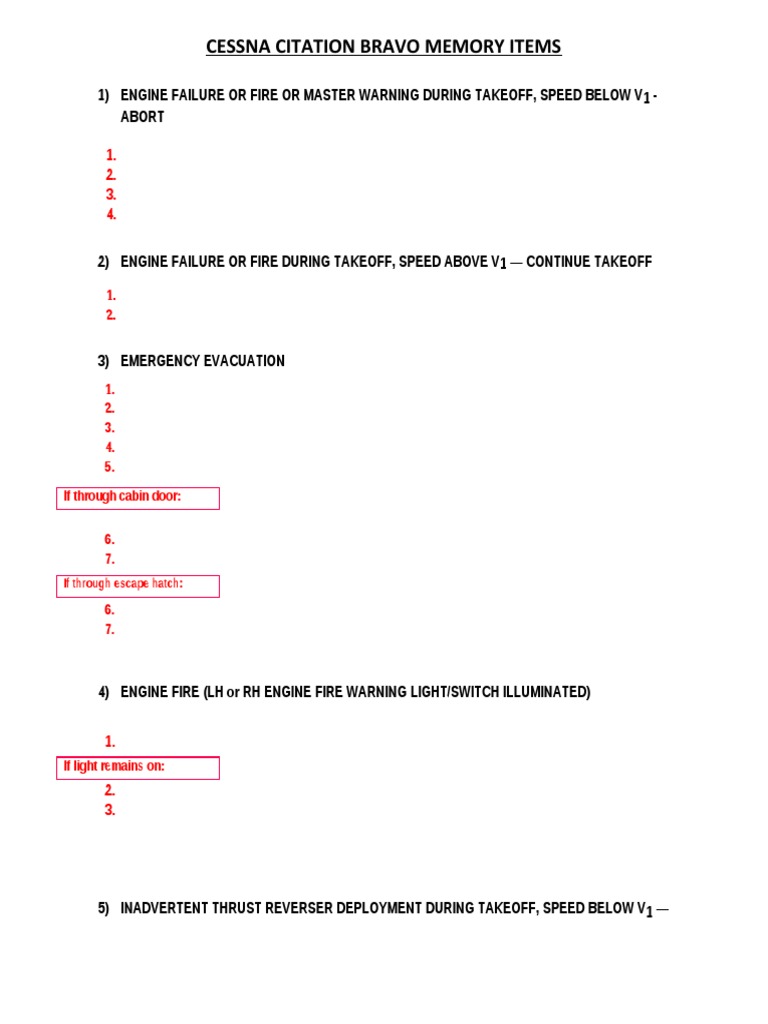 CESSNA CITATION BRAVO MEMORY ITEMS (Blank) | PDF | Science & Mathematics | History