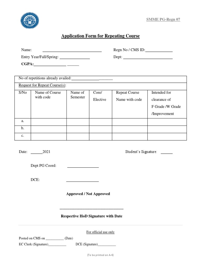 Application Form For Repeating Course | PDF