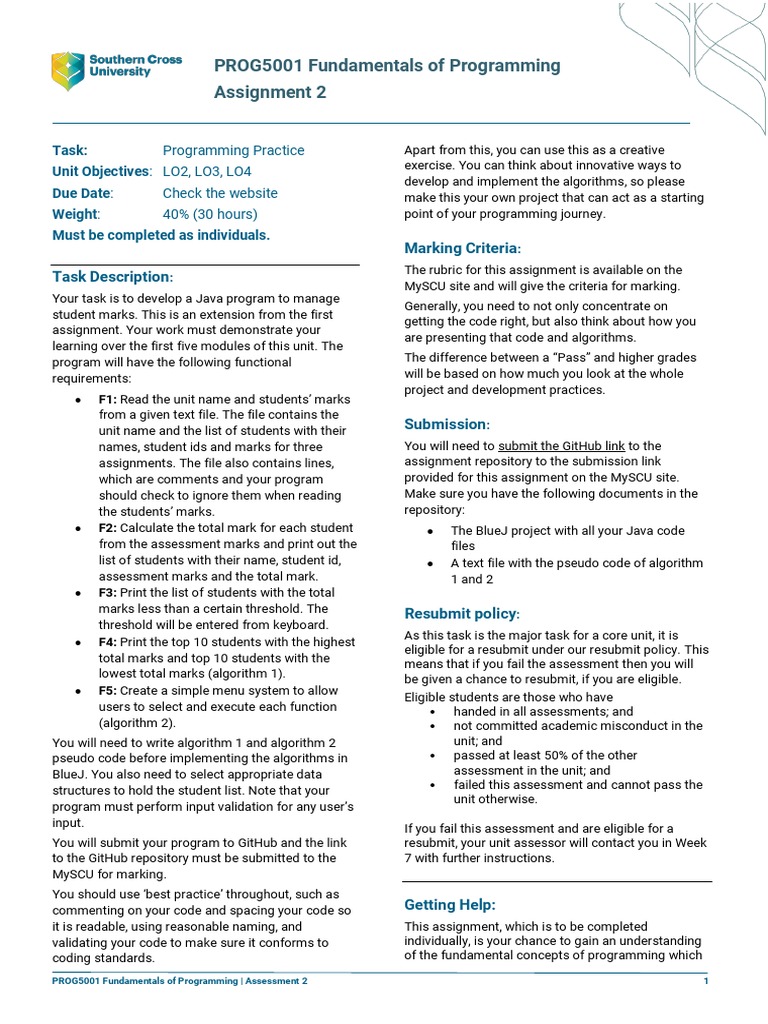 PROG5001 Assignment 2 | PDF