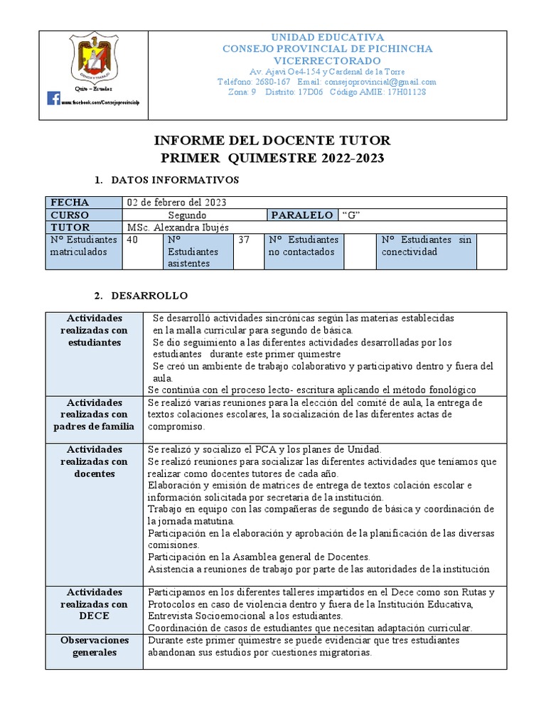 A1.informe de Docente Tutor 2022-2023 | PDF | Enseñando | Aprendizaje
