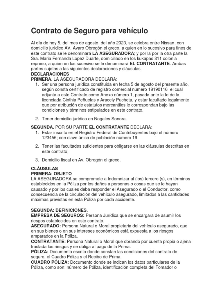 Contrato de Seguro de Vehículo 2023 | PDF | Finanzas y dinero