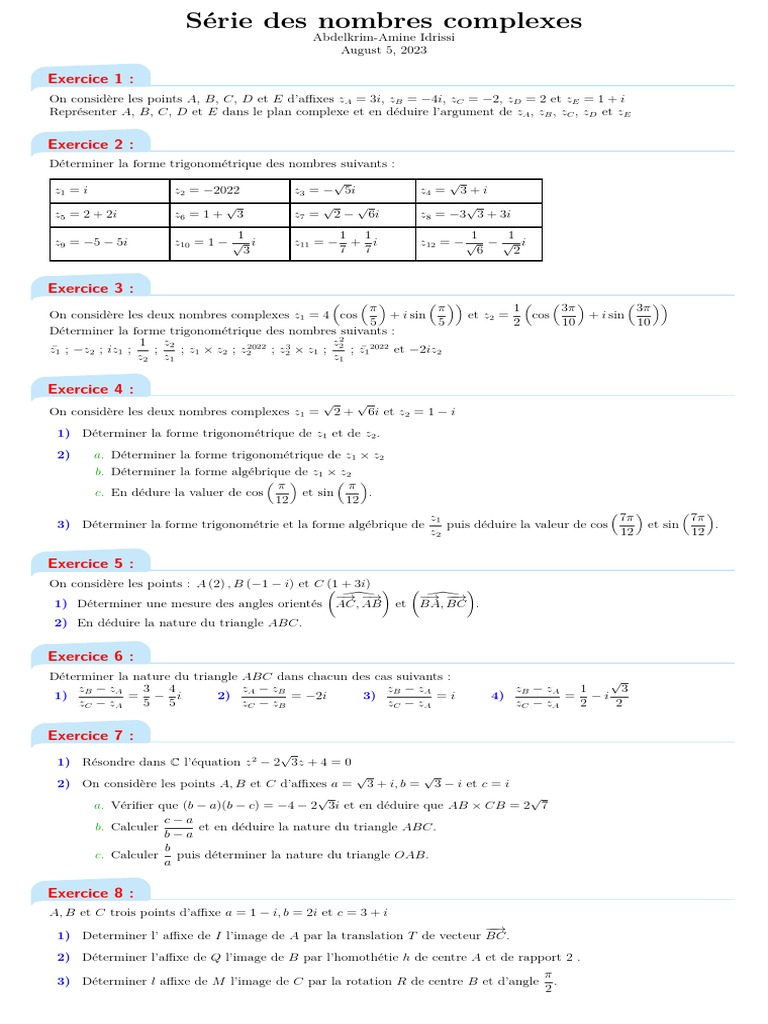 Exercices Des Nombres Complexes | PDF | Nombre complexe | Géométrie ...