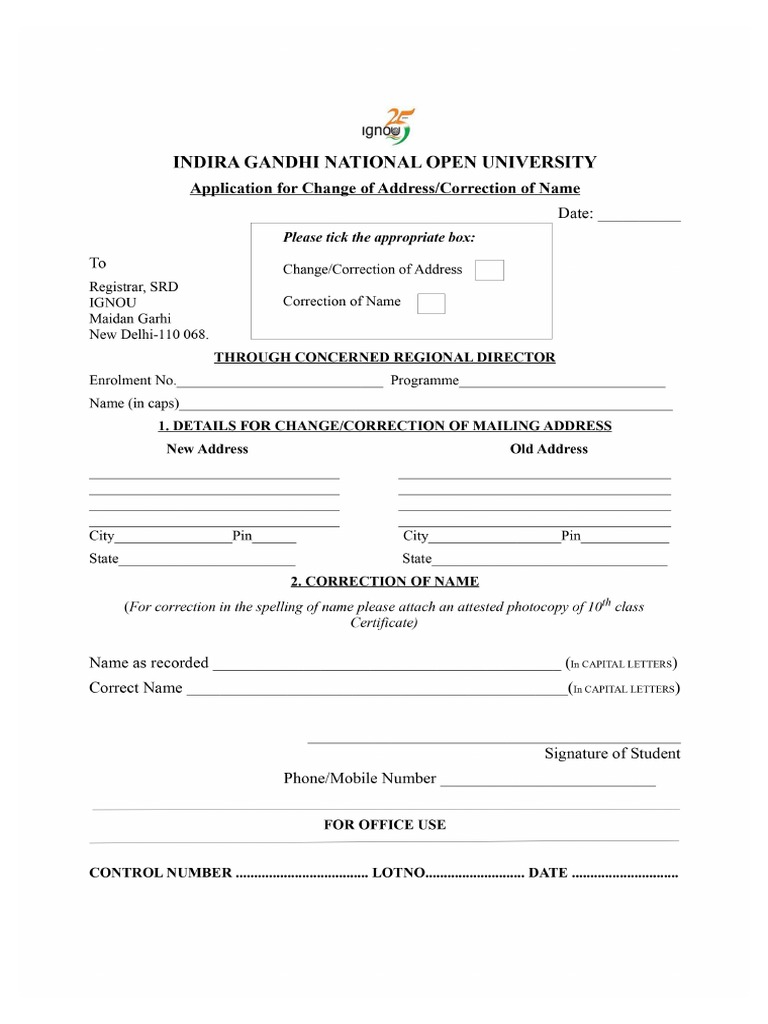 IGNOU Address Change Name Correction Application Form | PDF IGNOU Address Change Name Correction Application Form | PDF
